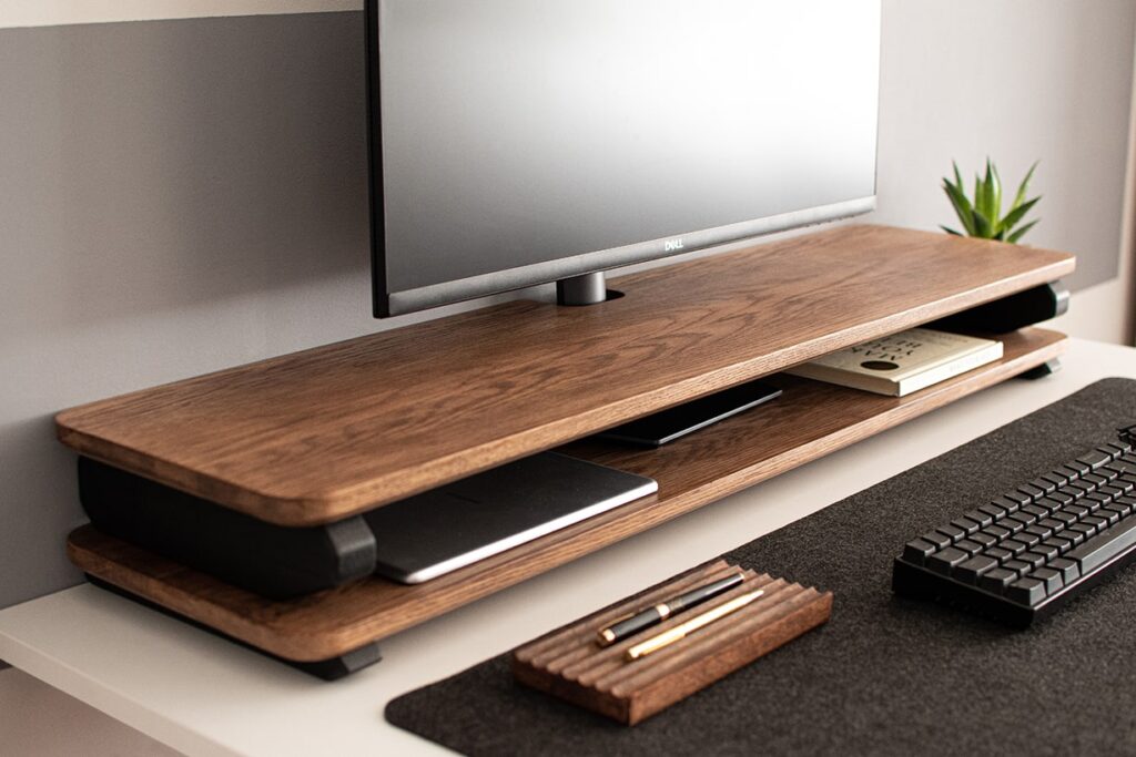 Solid Oak Monitor Stand Walnut Double Shelves - justwoodit