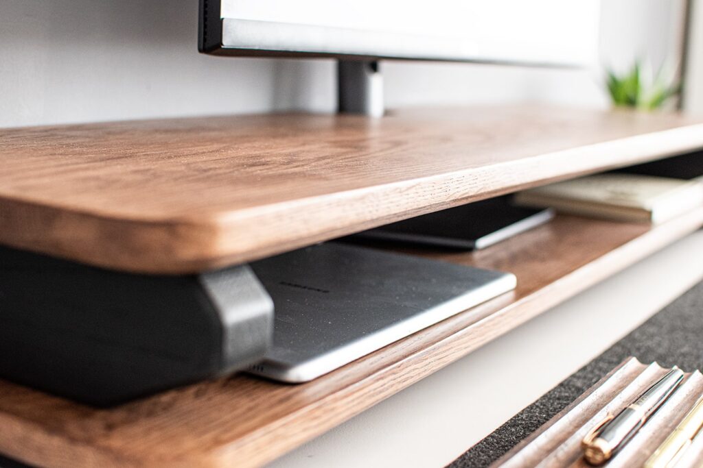 Solid Oak Monitor Stand Walnut Double Shelves - justwoodit