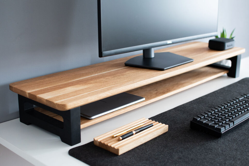 Solid Oak Monitor Stand Double Shelves - justwoodit