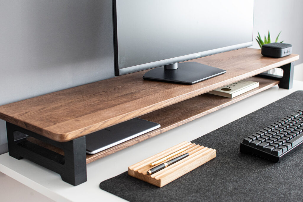 Solid Oak Monitor Stand Double Shelves Walnut Finish - justwoodit